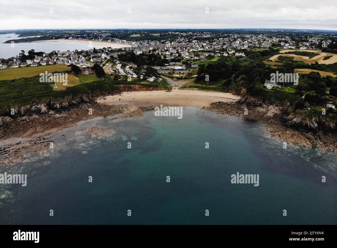 The beautiful landscape of Brittany in France, with green cliffs, trees ...