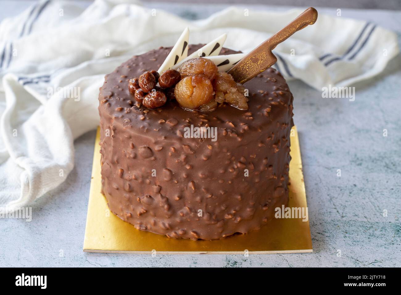Chocolate and chestnut celebration cake. Birthday cake on gray ...