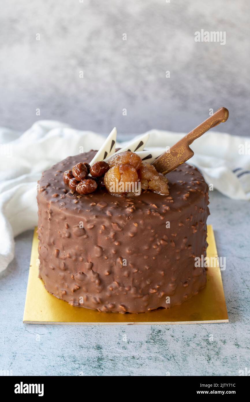 Chocolate and chestnut celebration cake. Birthday cake on gray ...
