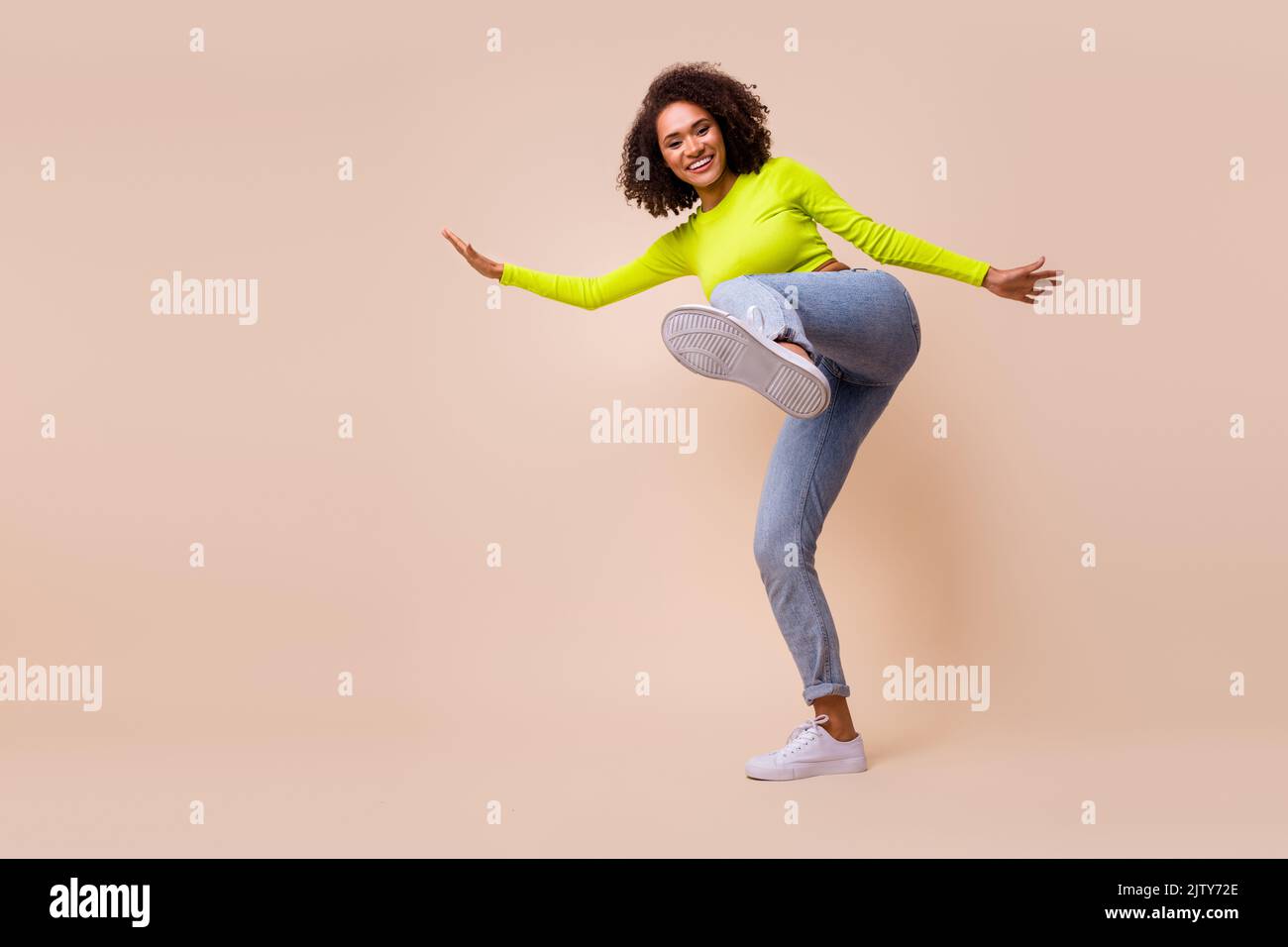 Full size photo of young funny childish girl dancing leg kick you ...