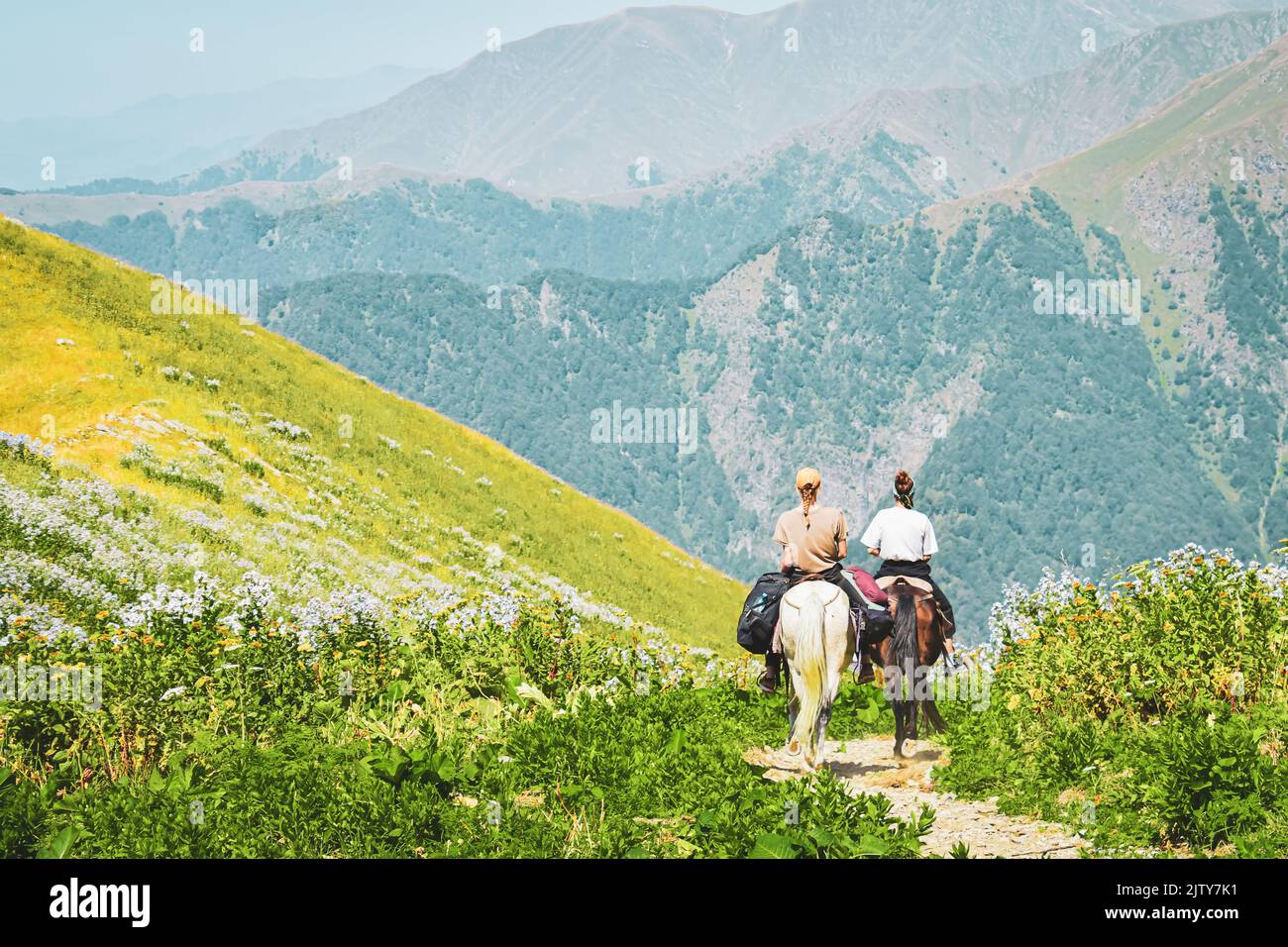 Two caucasian girls on white and brown horse ride in caucasus mountains ...