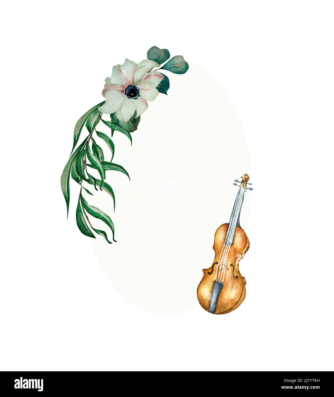 Frame of violin and flowers anemone watercolor illustration on white ...