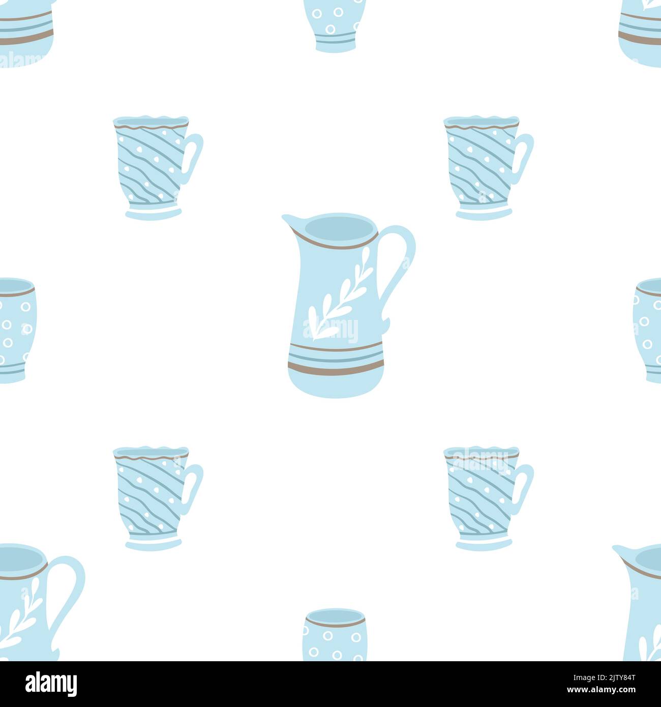 Blue painted porcelain jugs and cups seamless pattern. Continuous ...