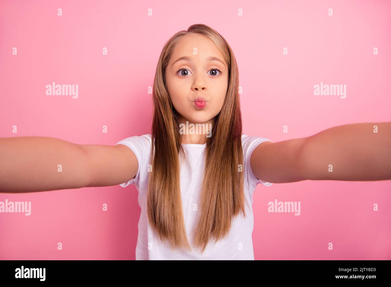 Portrait of lovely adorable person take selfie pouted lips kiss ...