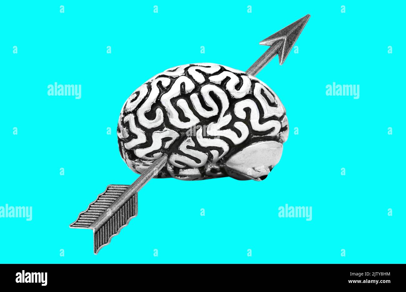 Feathered steel bowarrow stuck in a human brain isolated on blue ...