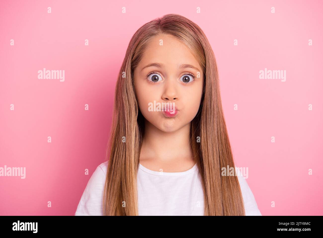 Portrait of nice charming girl pouted lips kiss look camera isolated on ...