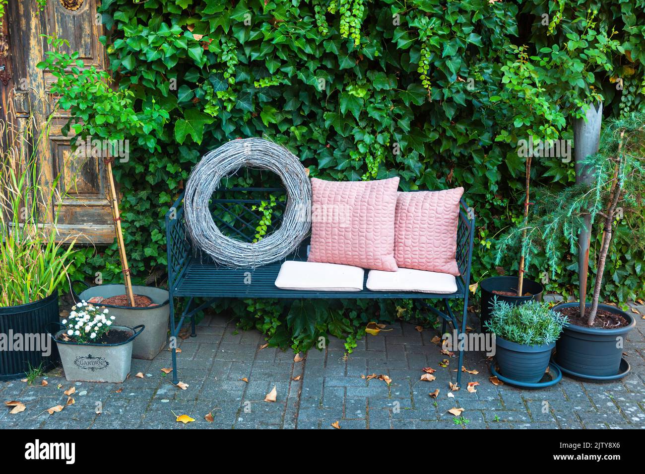 A bench with a decorative still life in a garden with green ivy in the ...