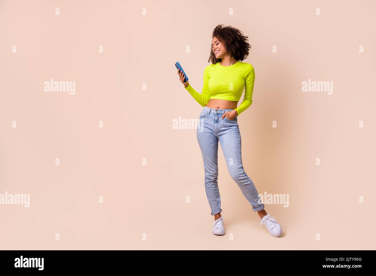 Full length photo of young happy smiling woman drunk writing new ...