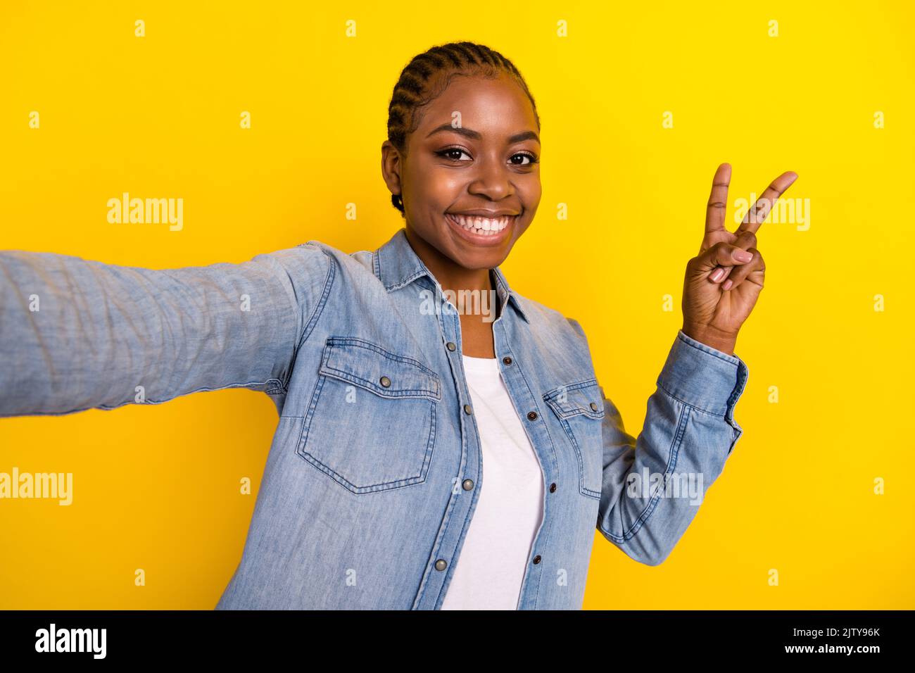 Photo of positive lady making self portrait v sign record video call ...
