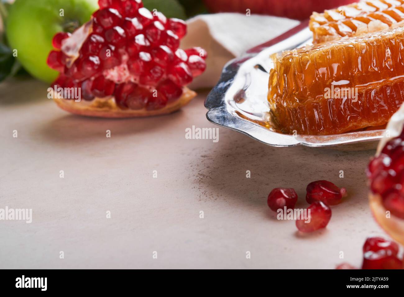 Rosh Hashanah. Pomegranate, apples and honey traditional products for ...
