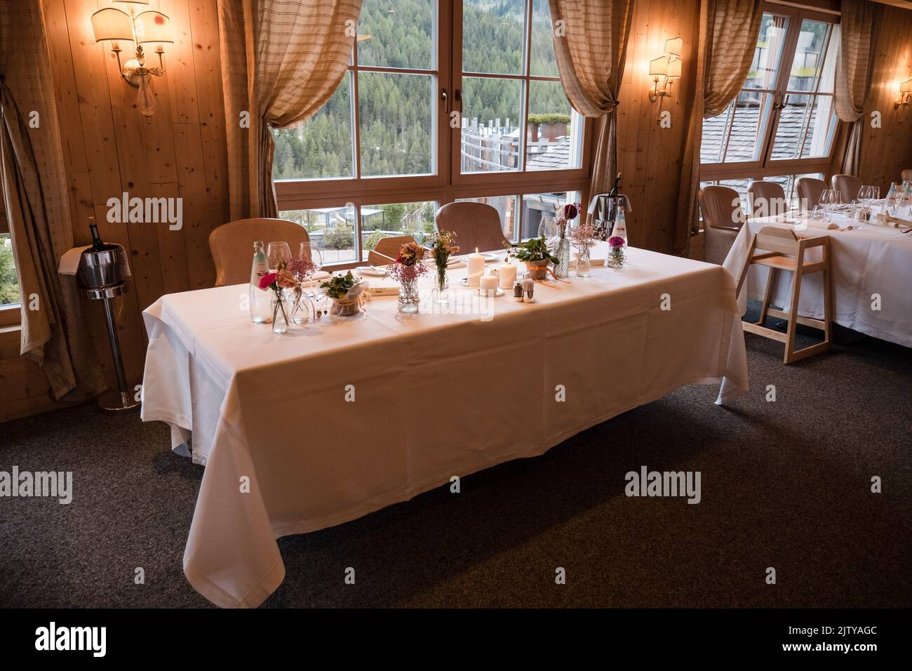 The empty elegant wedding reception tables at an indoor venue Stock ...