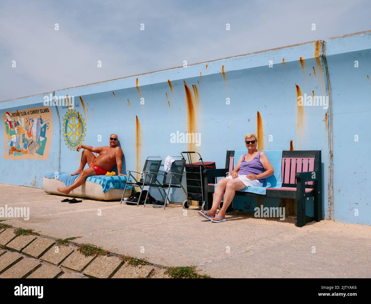 Sunbathers enjoying the summertime sun at Canvey Island seaside resort ...