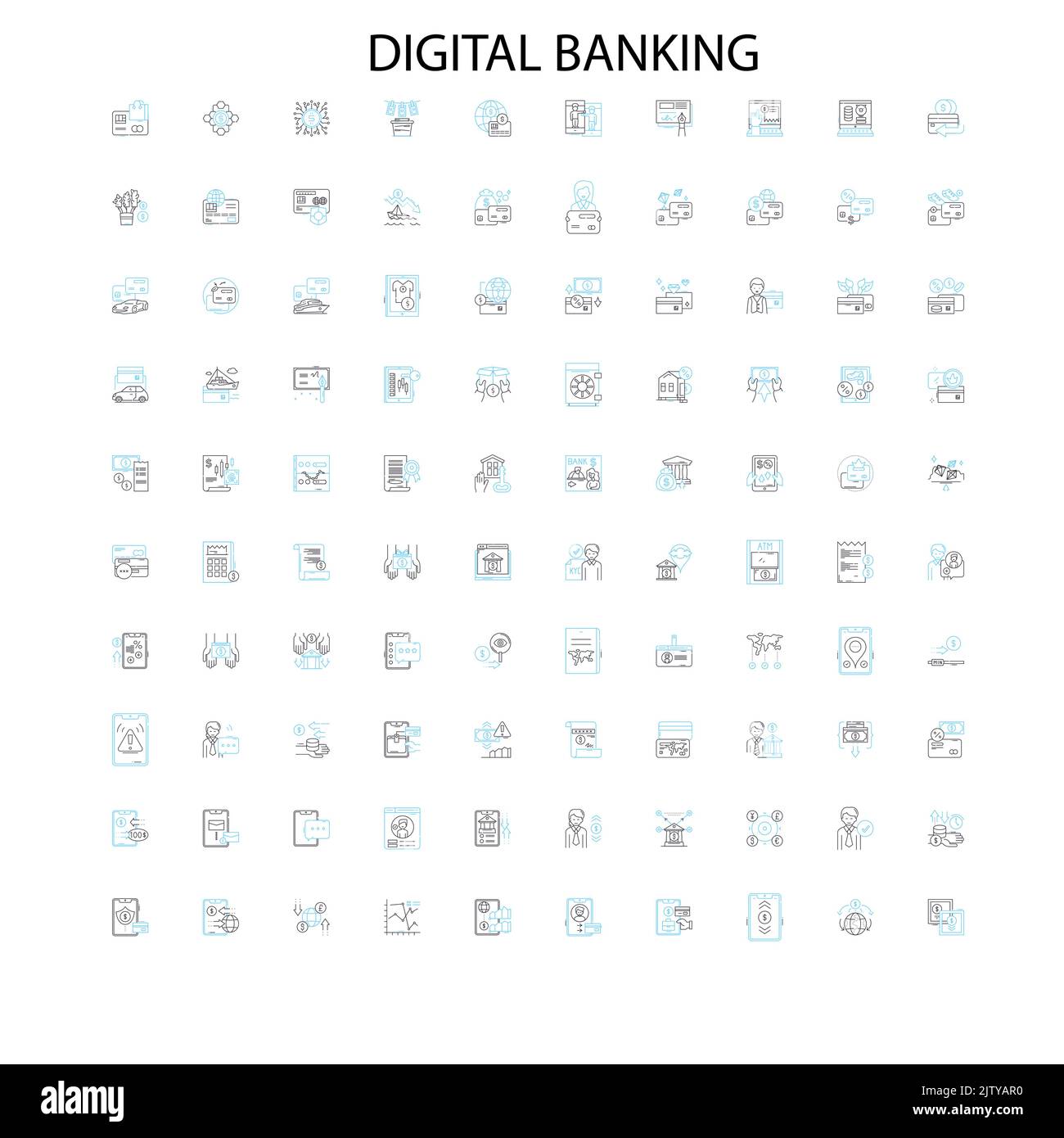 digital banking icons, signs, outline symbols, concept linear ...