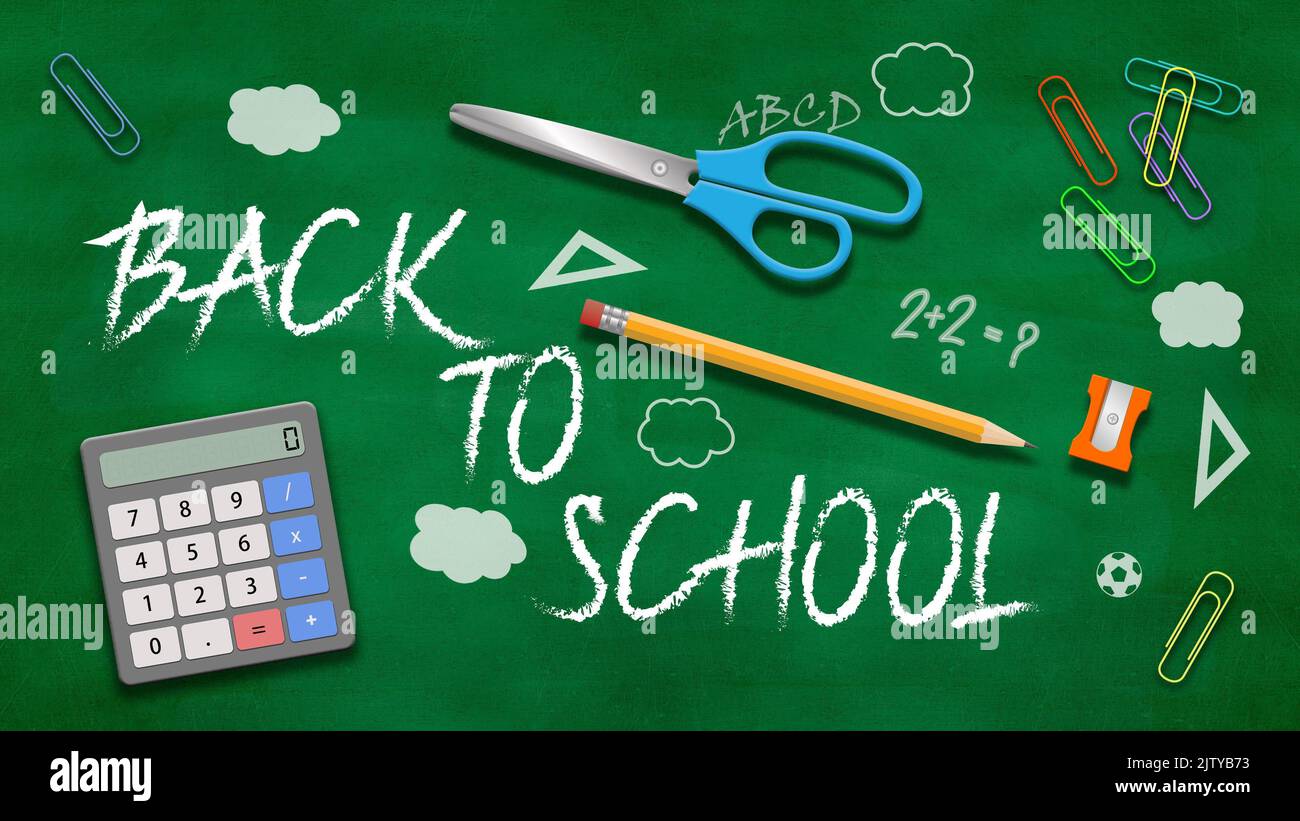 Back to school title written in a chalkboard with realistic 3D items ...