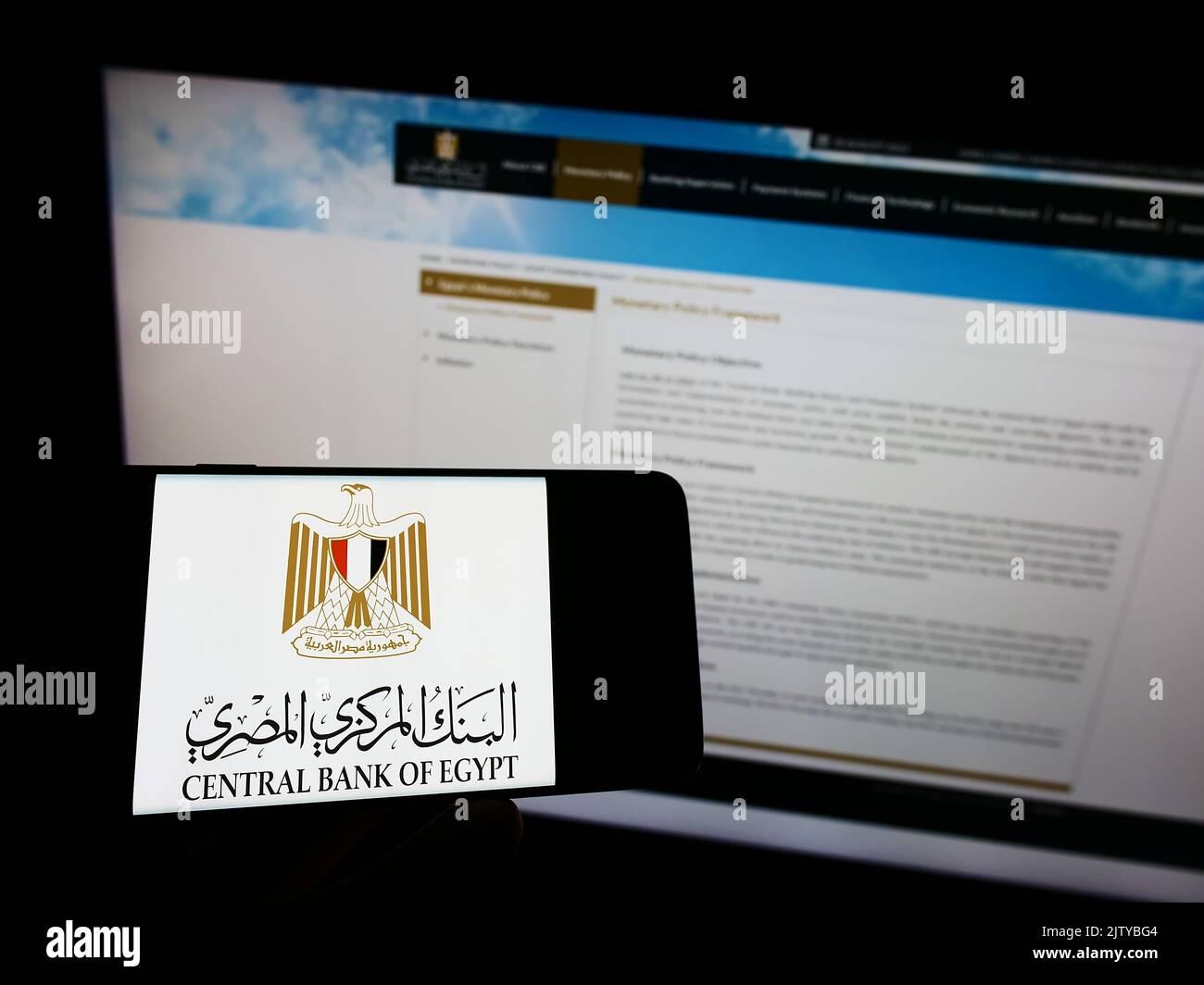 Person holding mobile phone with logo of monetary authority Central ...