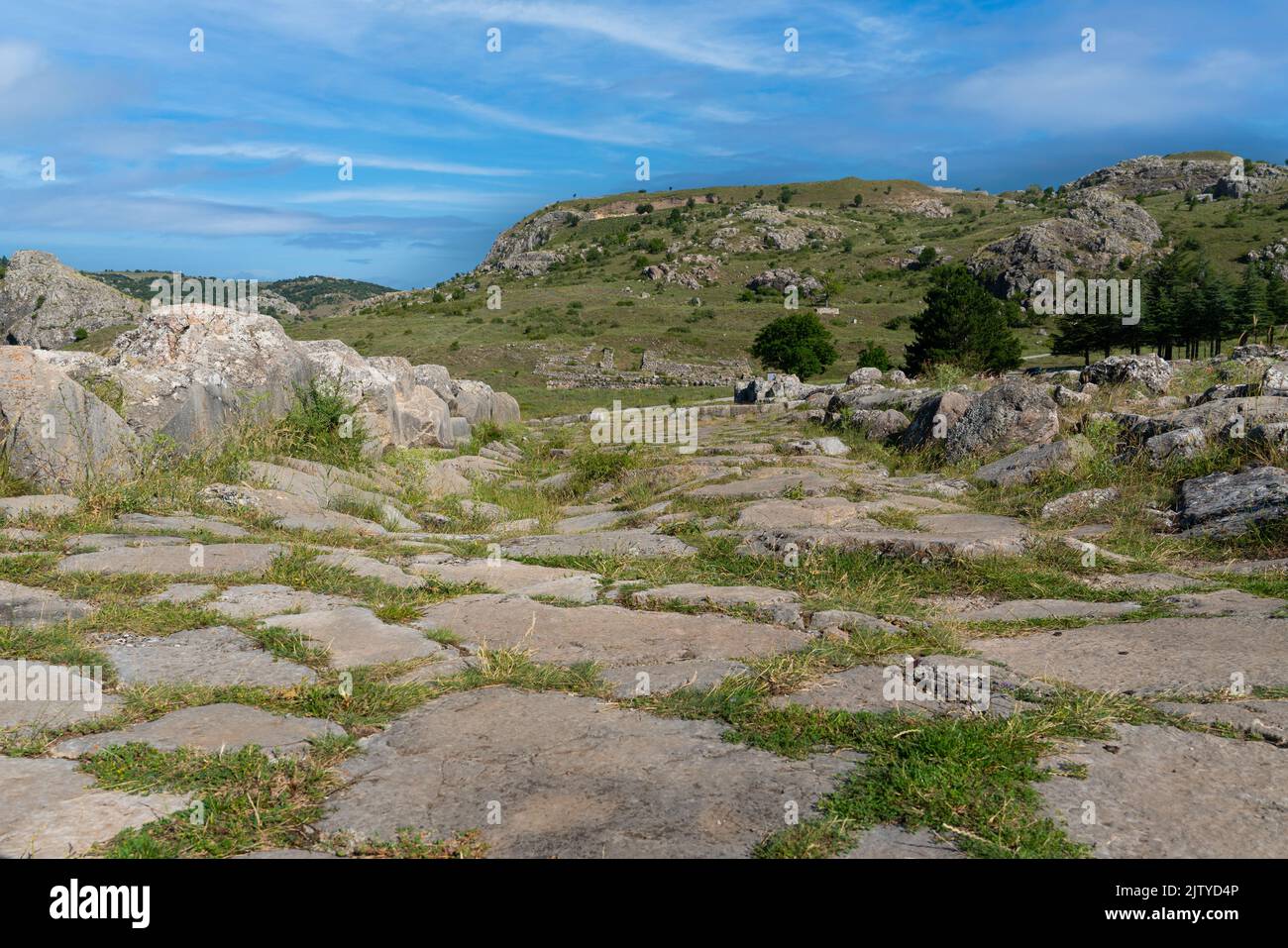 The road built by laying large stones on the ground in the ancient city ...