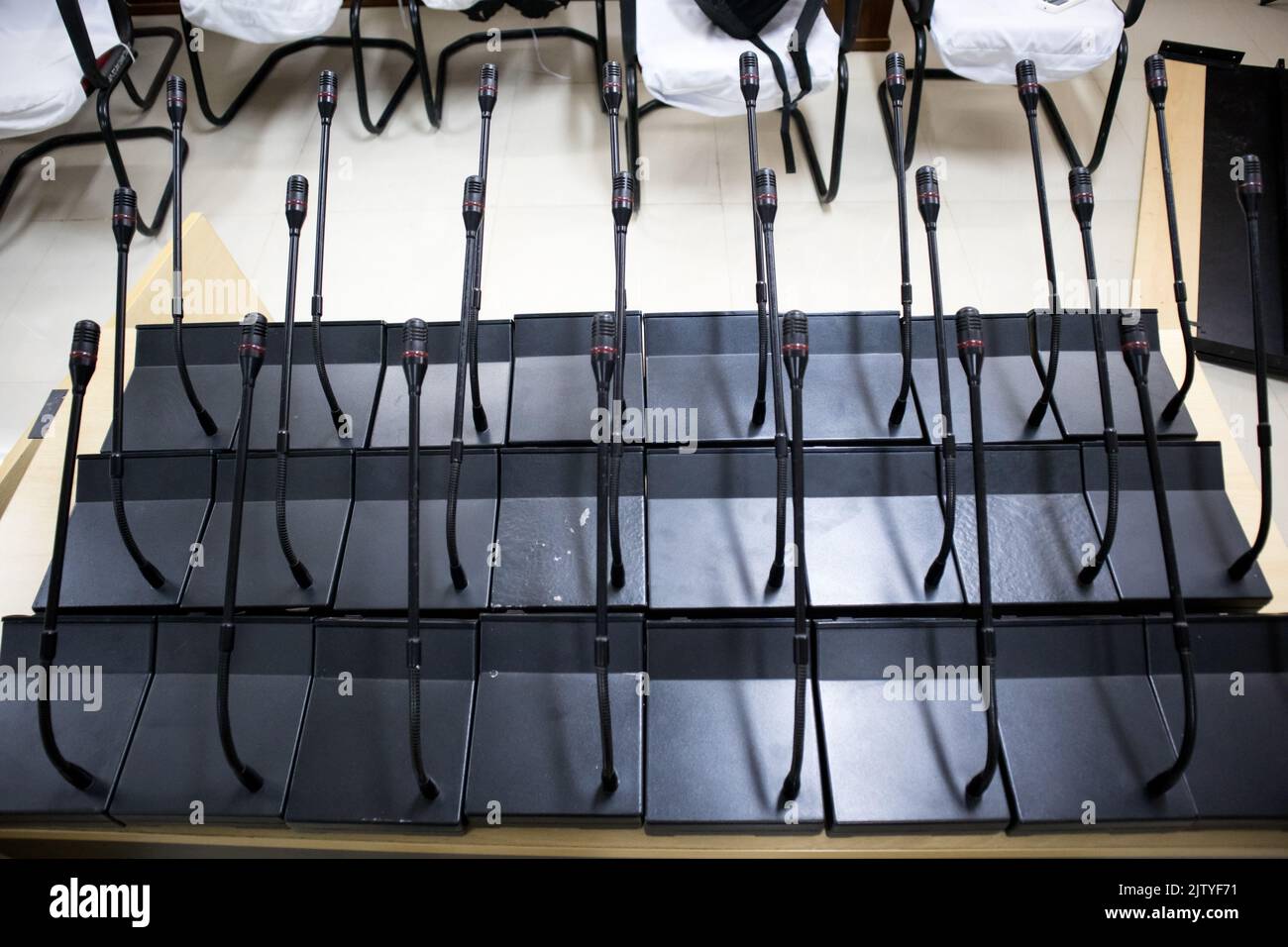 Many mics in a table and being prepared for upcoming meet Stock Photo ...