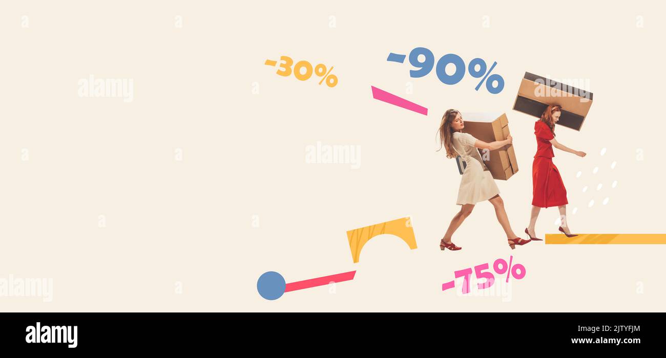 Contemporary art collage. Girls carrying giant carton boxes. Successful ...