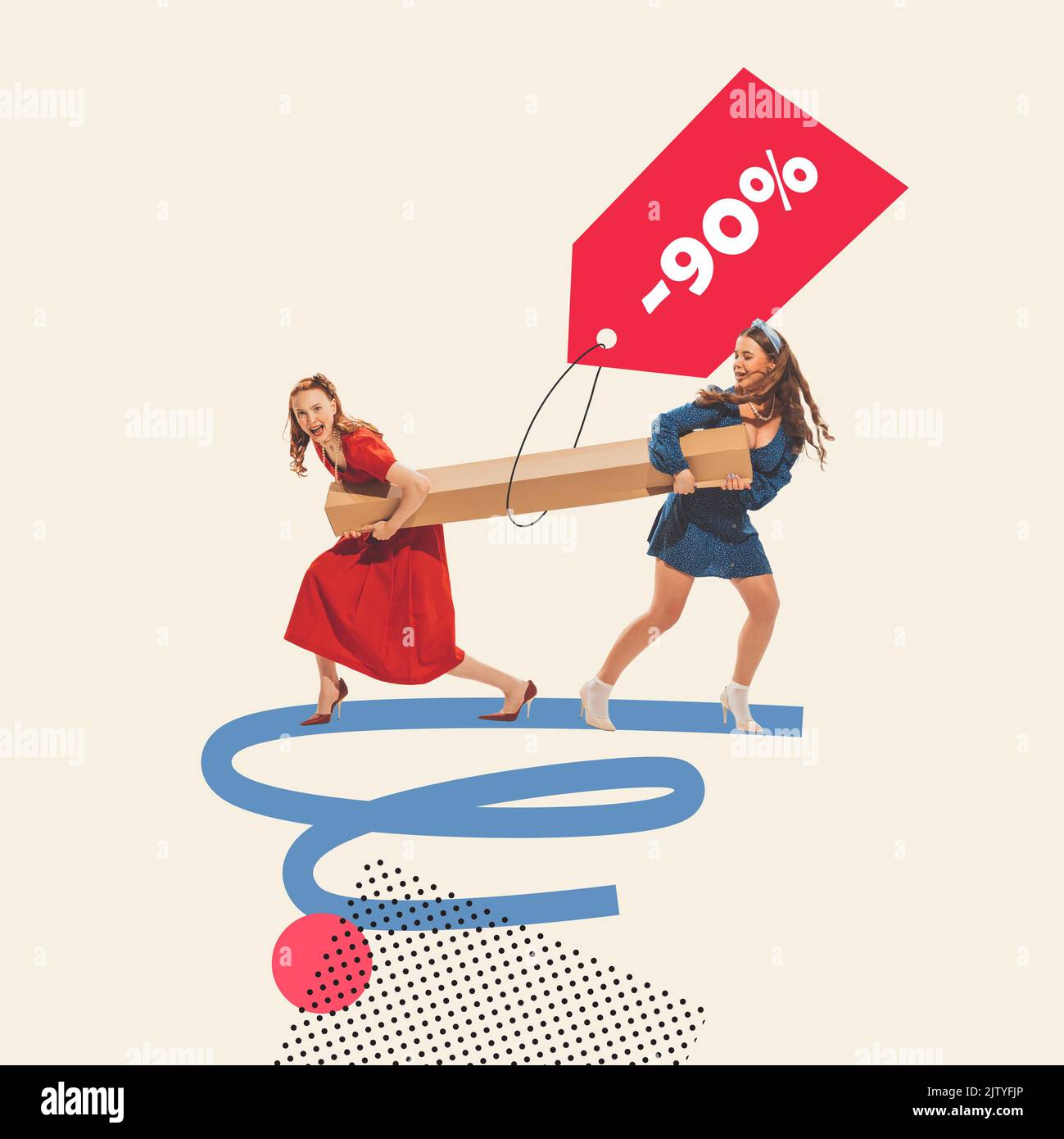 Contemporary art collage. Two people, beautiful women fighting for the ...