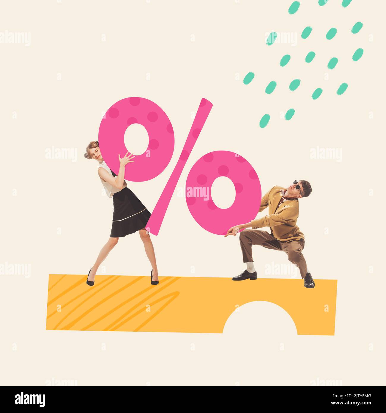 Contemporary art collage. Young people holding giant percent sign ...