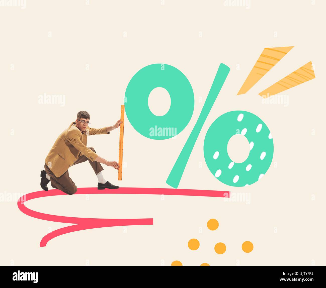 Contemporary art collage. Young man measuring percent sign symbolizing ...
