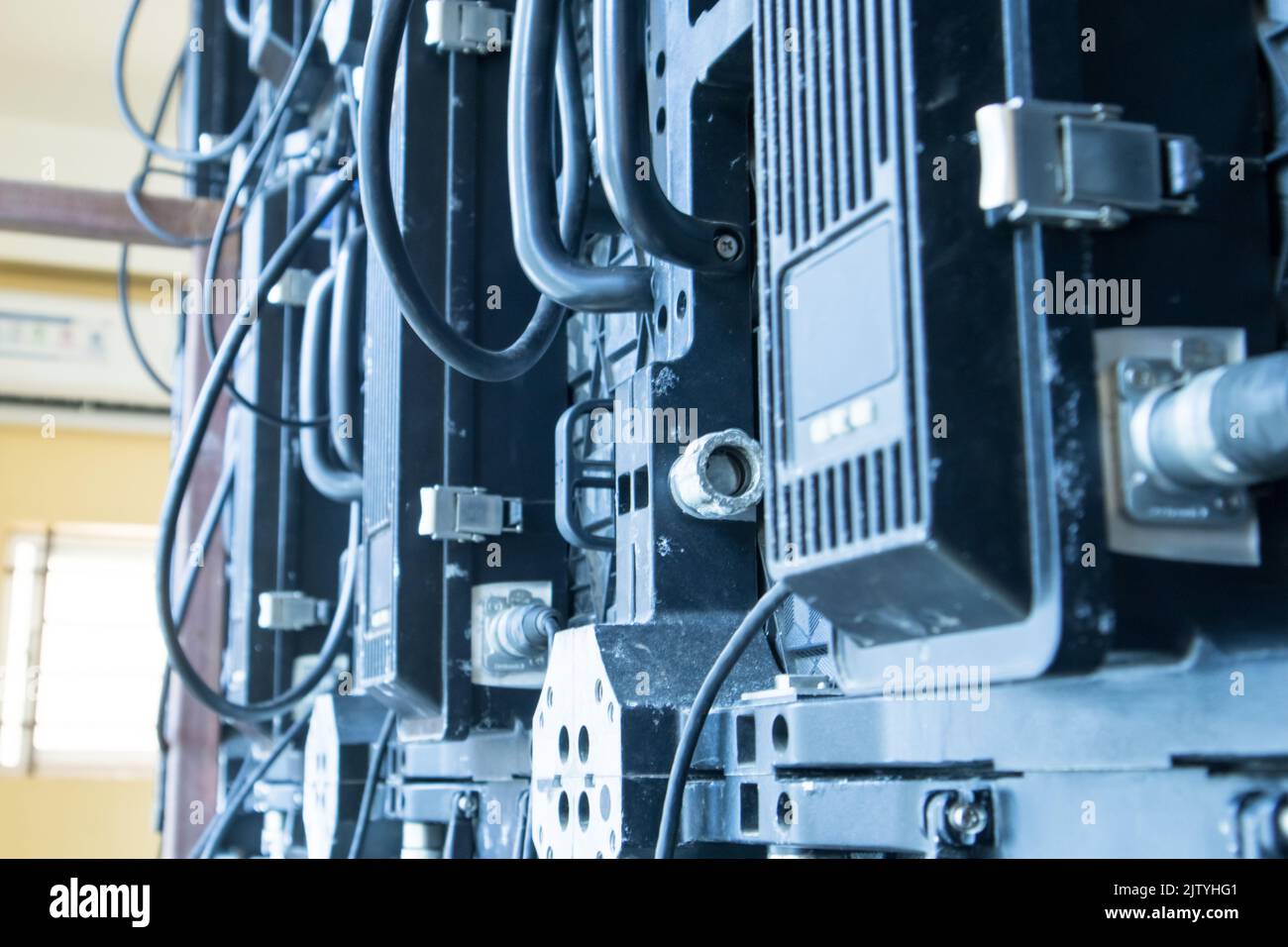 Back side of a LED Display panel setup, several electronics and ...