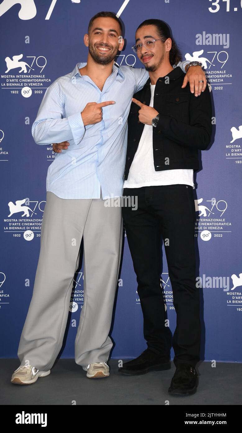 September 2, 2022, VENICE, ITALY: Actors Dali Benssalah (L) and Sami ...