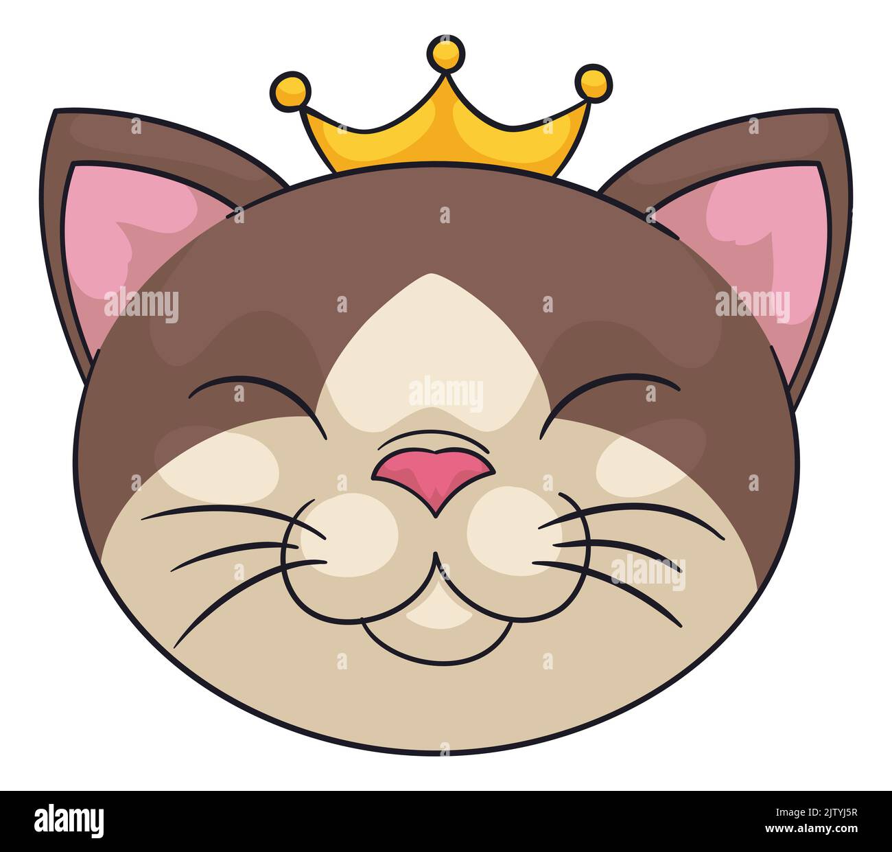 Smiling cat face with closed eyes and wearing proud a tiny crown ...