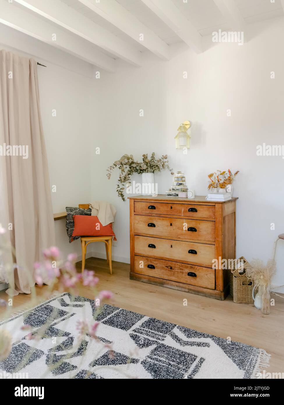 Cozy home interior in natural tones with old wooden furniture, beamed ...