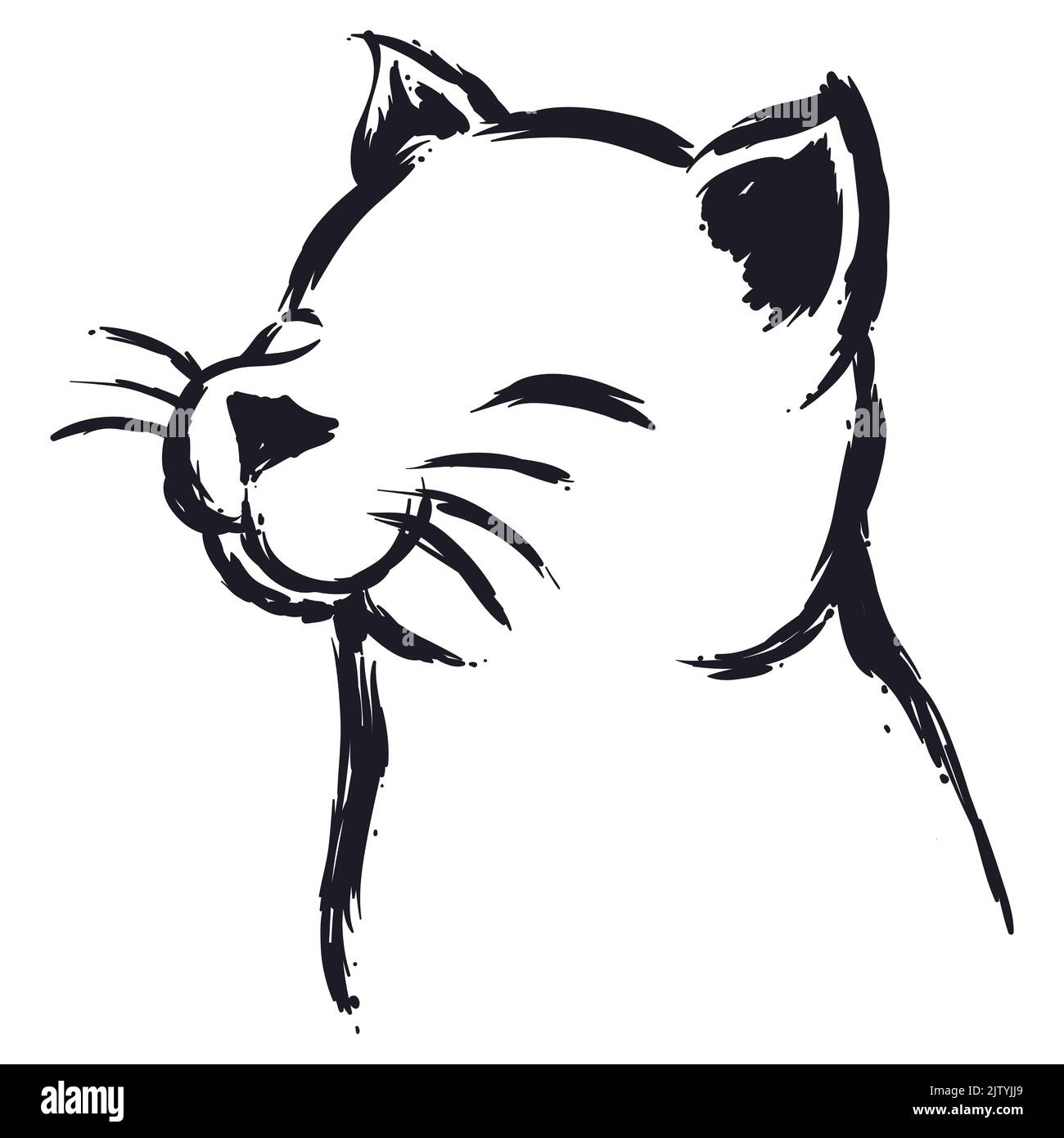 Design In Hand Drawn Style Of Cute Cat Portrait Made With Brush Strokes Over White Background