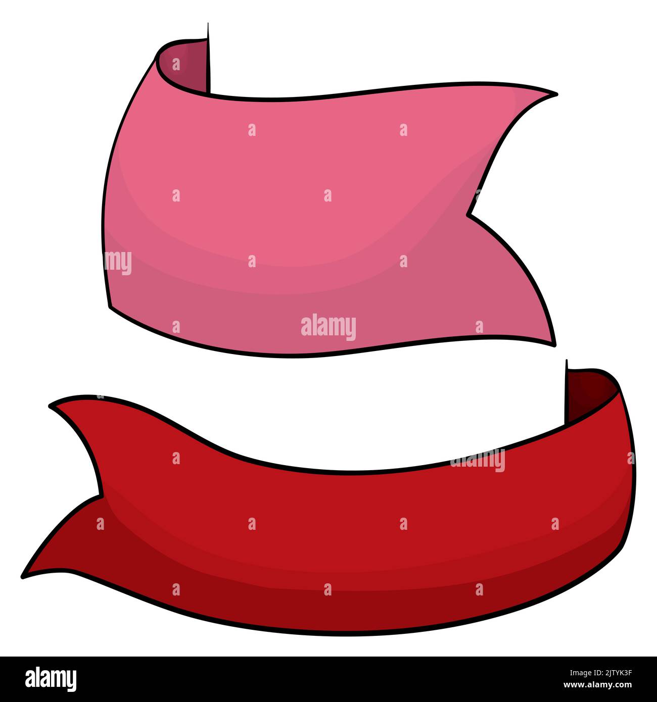 Set with pink and red empty ribbons in cartoon style over white ...