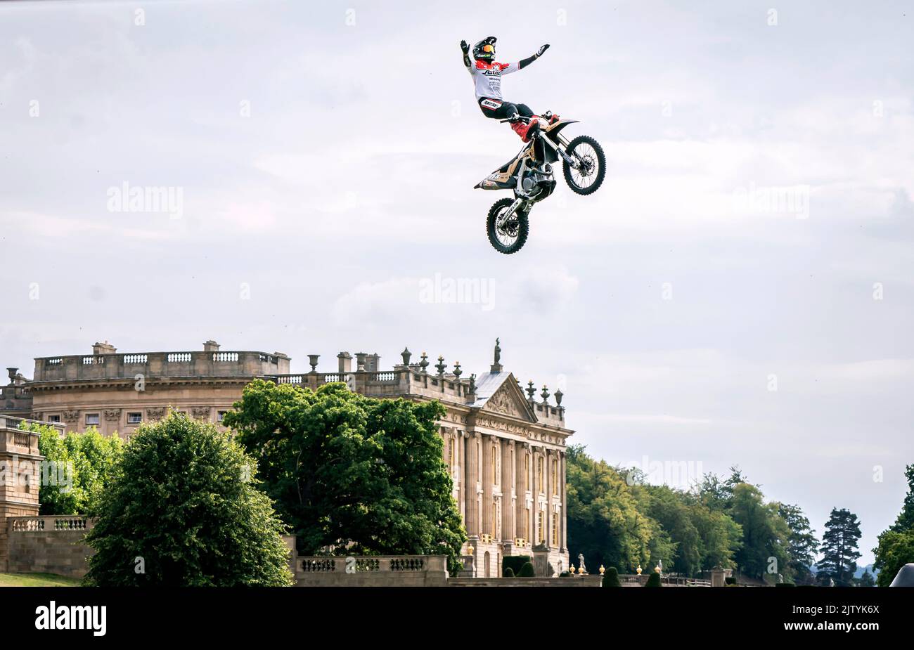 A member of the Bolddog Lings FMX Display Team performs over Chatsworth ...