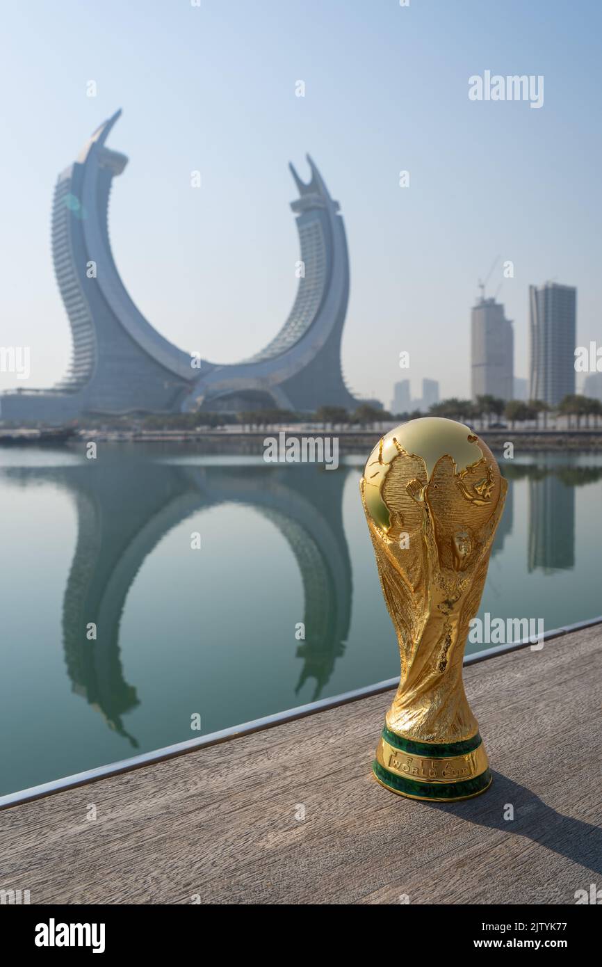 DOHA, QATAR - SEPTEMBER 2, 2022: Trophy of the FIFA World Cup against ...