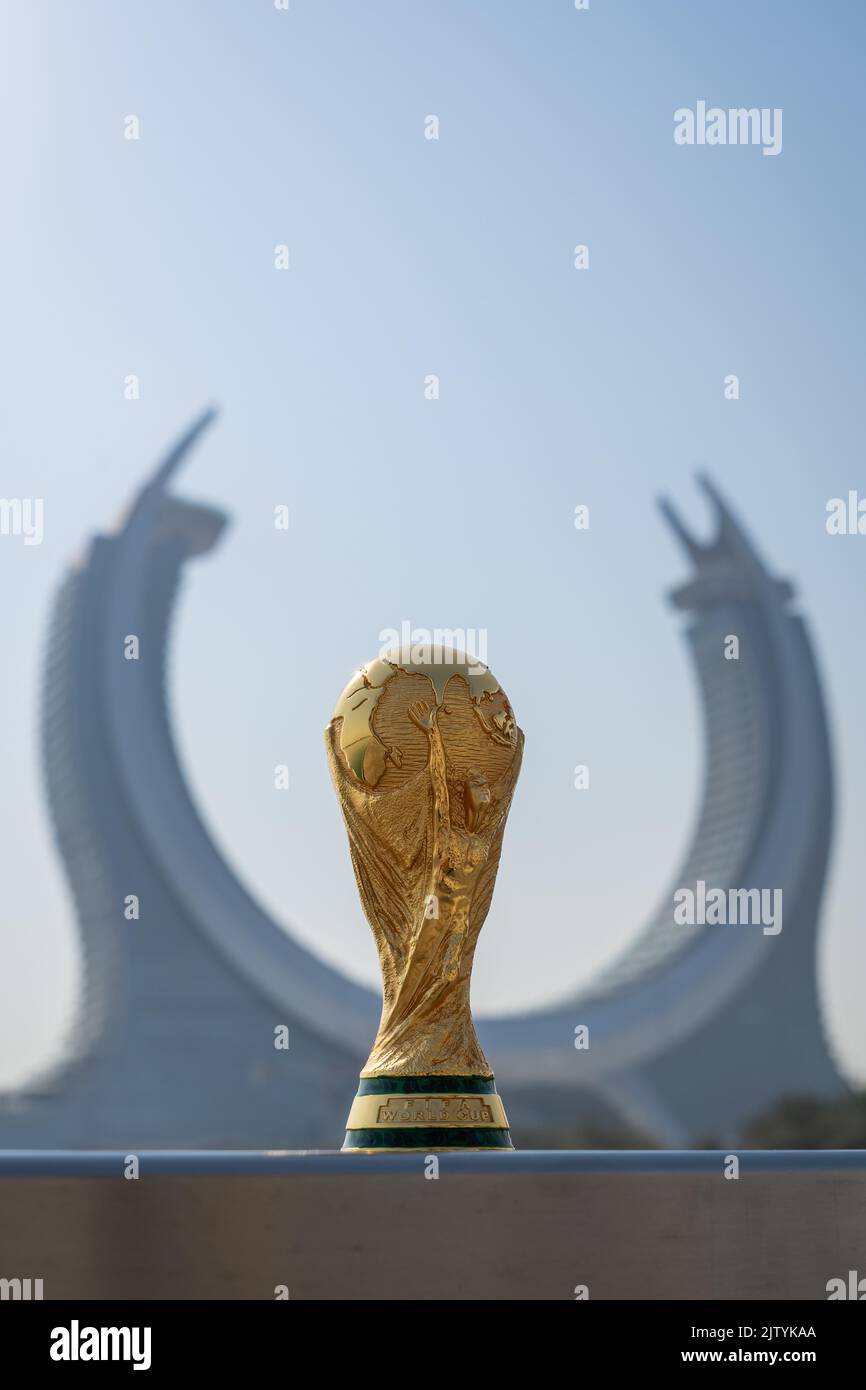 DOHA, QATAR - SEPTEMBER 2, 2022: Trophy of the FIFA World Cup against ...