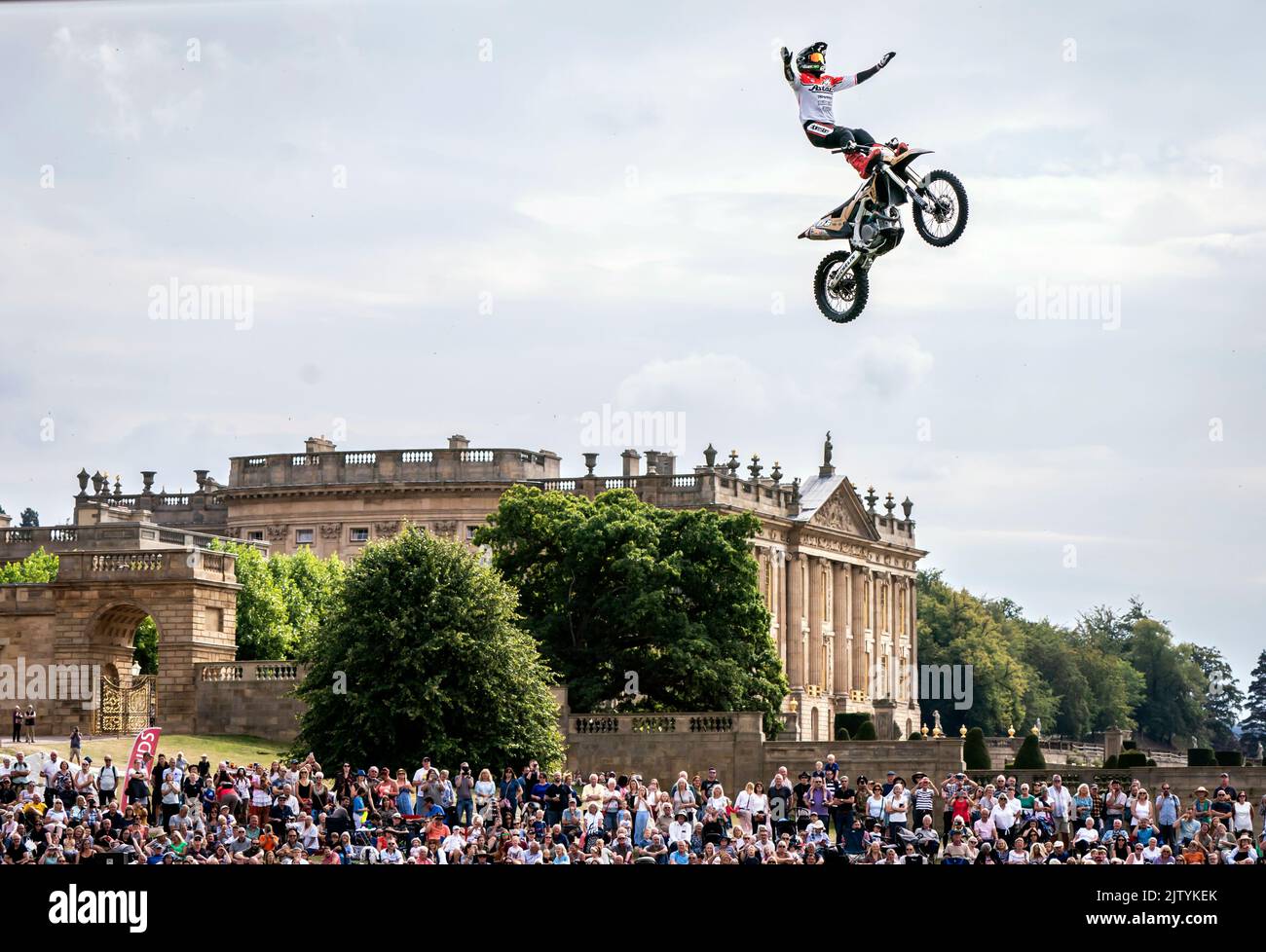 A member of the Bolddog Lings FMX Display Team performs over Chatsworth ...