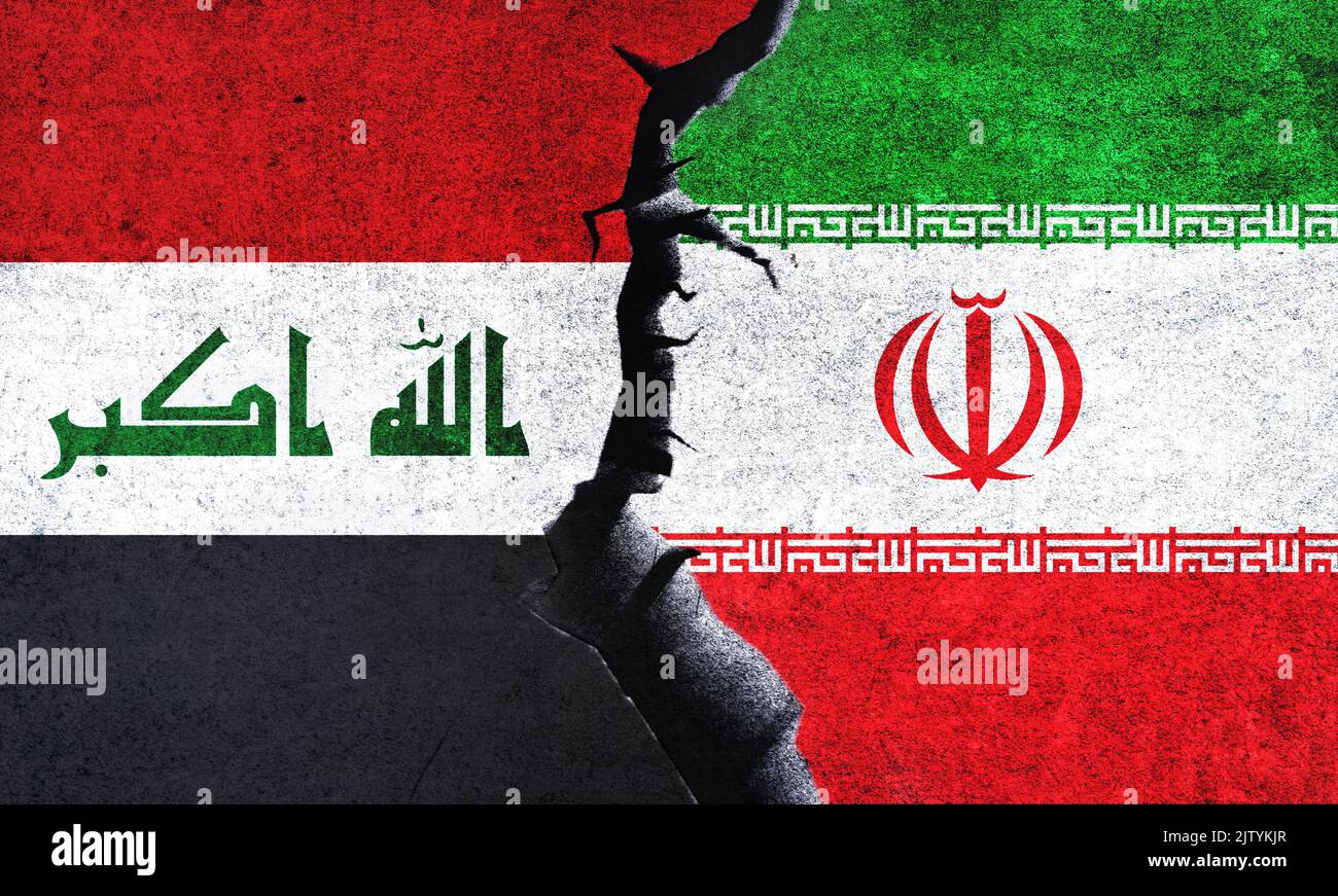 Iraq vs Iran flags on a wall with a crack. Iran Iraq conflict. Iraq and ...