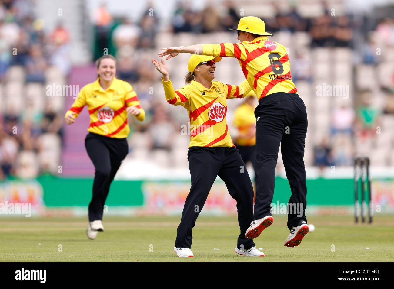 Trent Rocket's Elyse Villani (right) celebrates with team-mates after ...