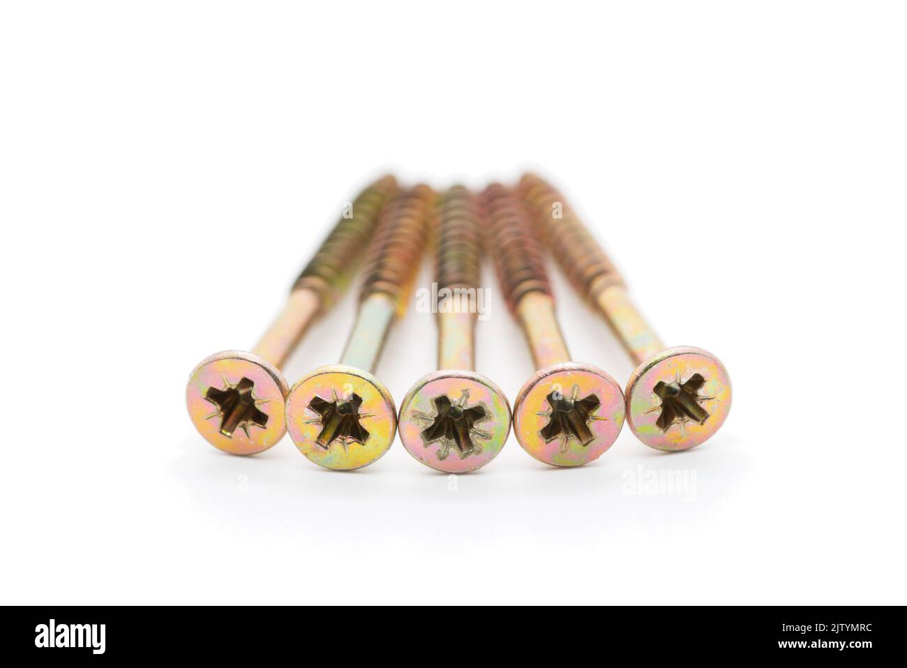 Screws in a close up from below, wood screws, white background, cropped ...