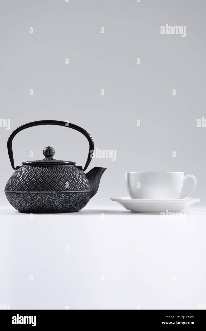 stylish tea kettle or teapot with cup isolated on white background ...