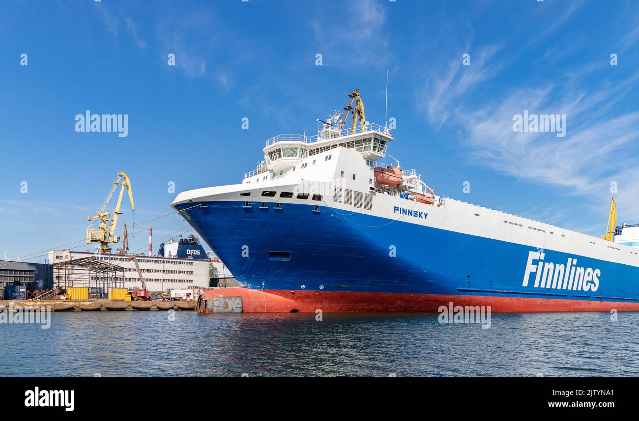 A picture of a large roll on-roll off cargo ship from Finnlines docked ...