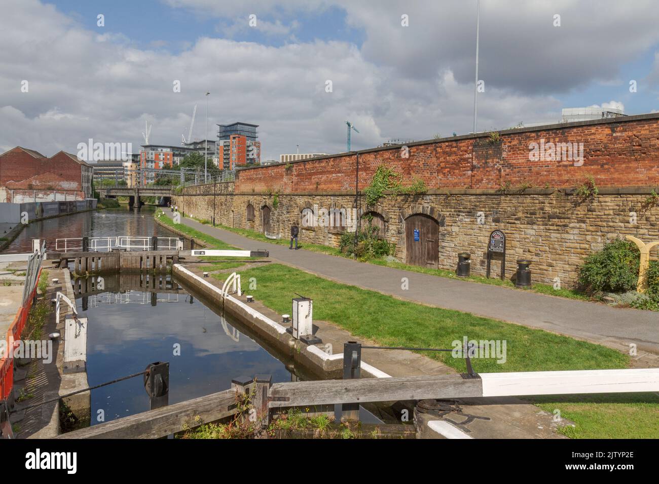 General view west along the River Aire towpath in Leeds, West Yorkshire ...