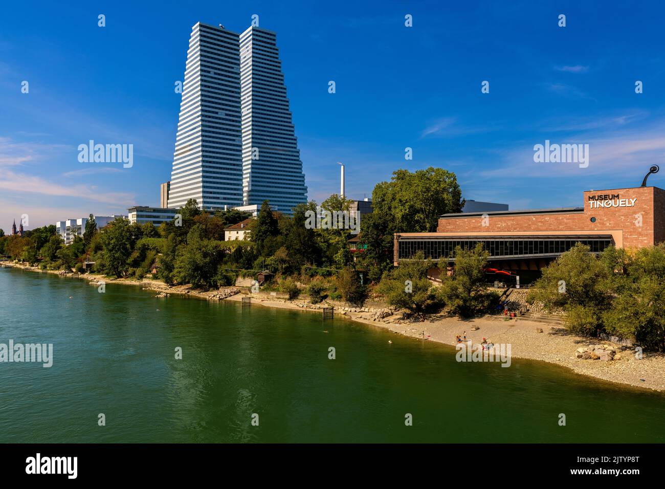 Rhine river in Basel and Roche building, design by Herzog & de Meuron ...