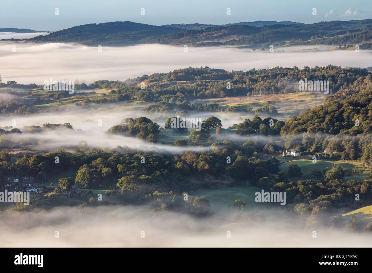 Misty view from Loughrigg Fell, Lake District National Park, Cumbria ...