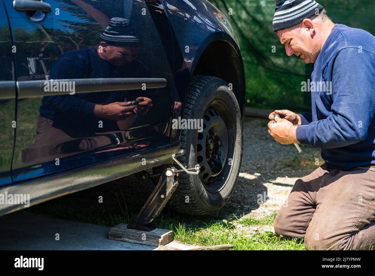 Automotive mechanic lifting car with floor jack car lift. Vehicle ...
