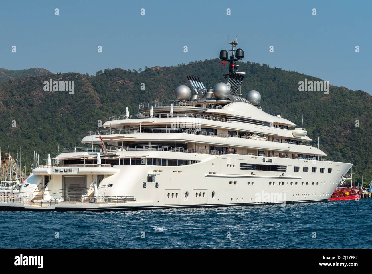 Marmaris, Turkey – September 2, 2022. Blue superyacht owned by Emirati ...