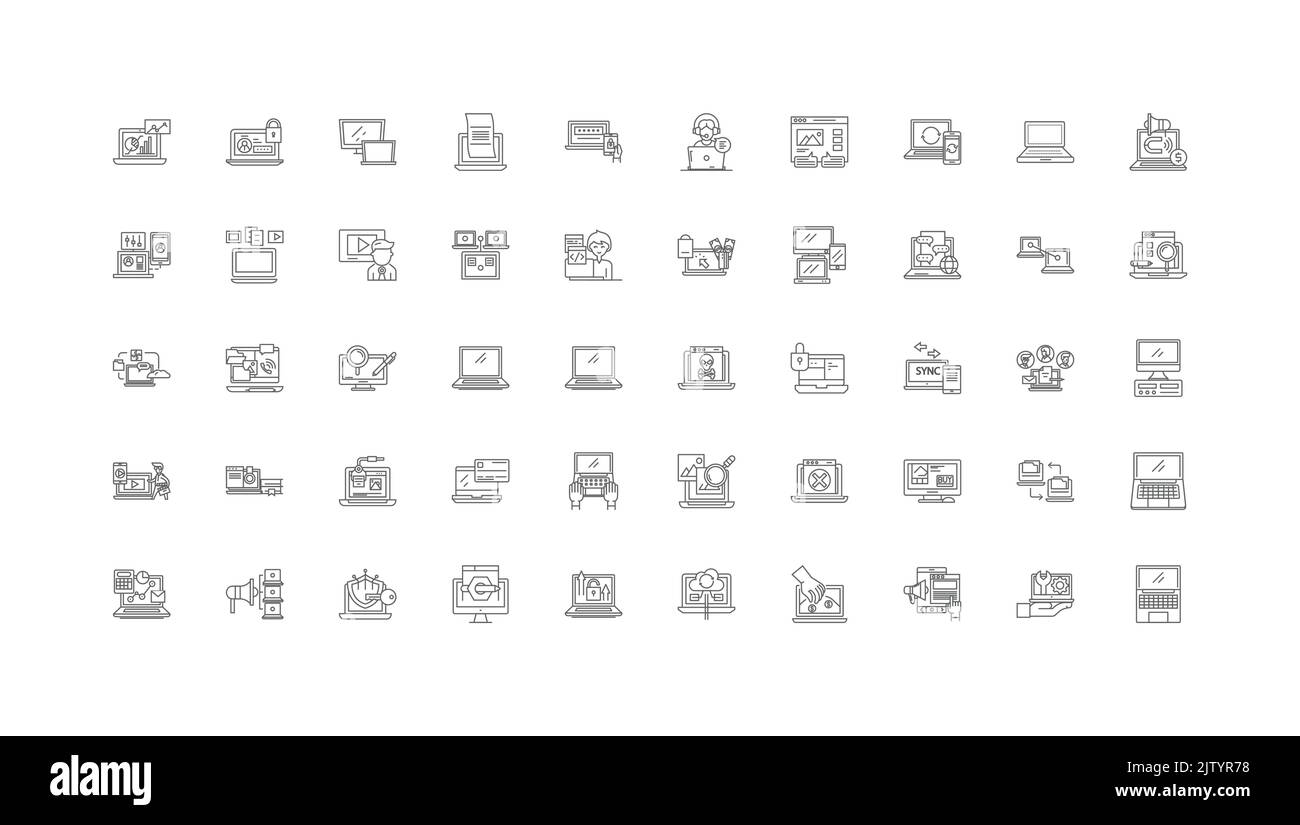 Laptop notebook concept illustration, linear icons, line signs set ...