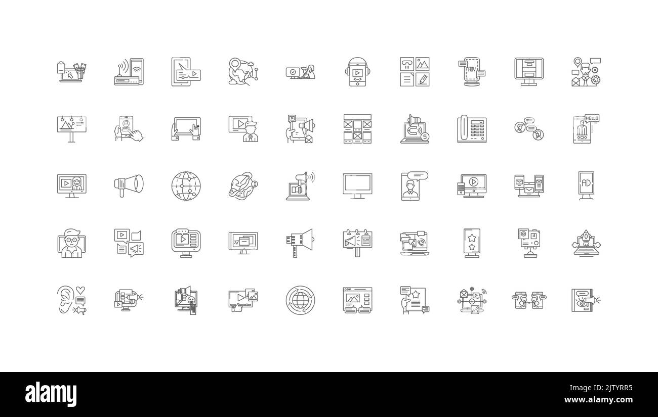 Media concept illustration, linear icons, line signs set, vector ...