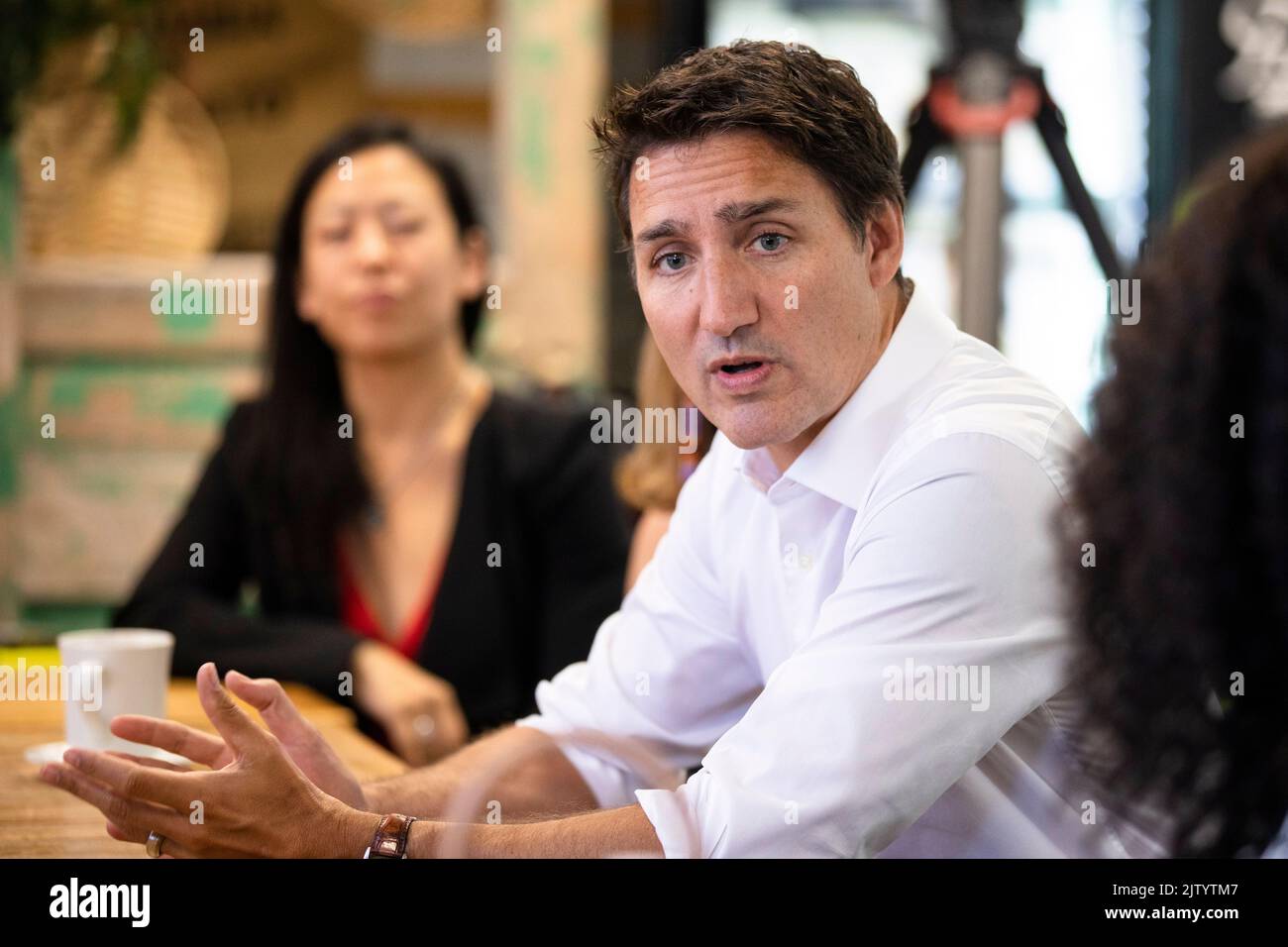 Prime Minister Justin Trudeau speaks with families about childcare at ...