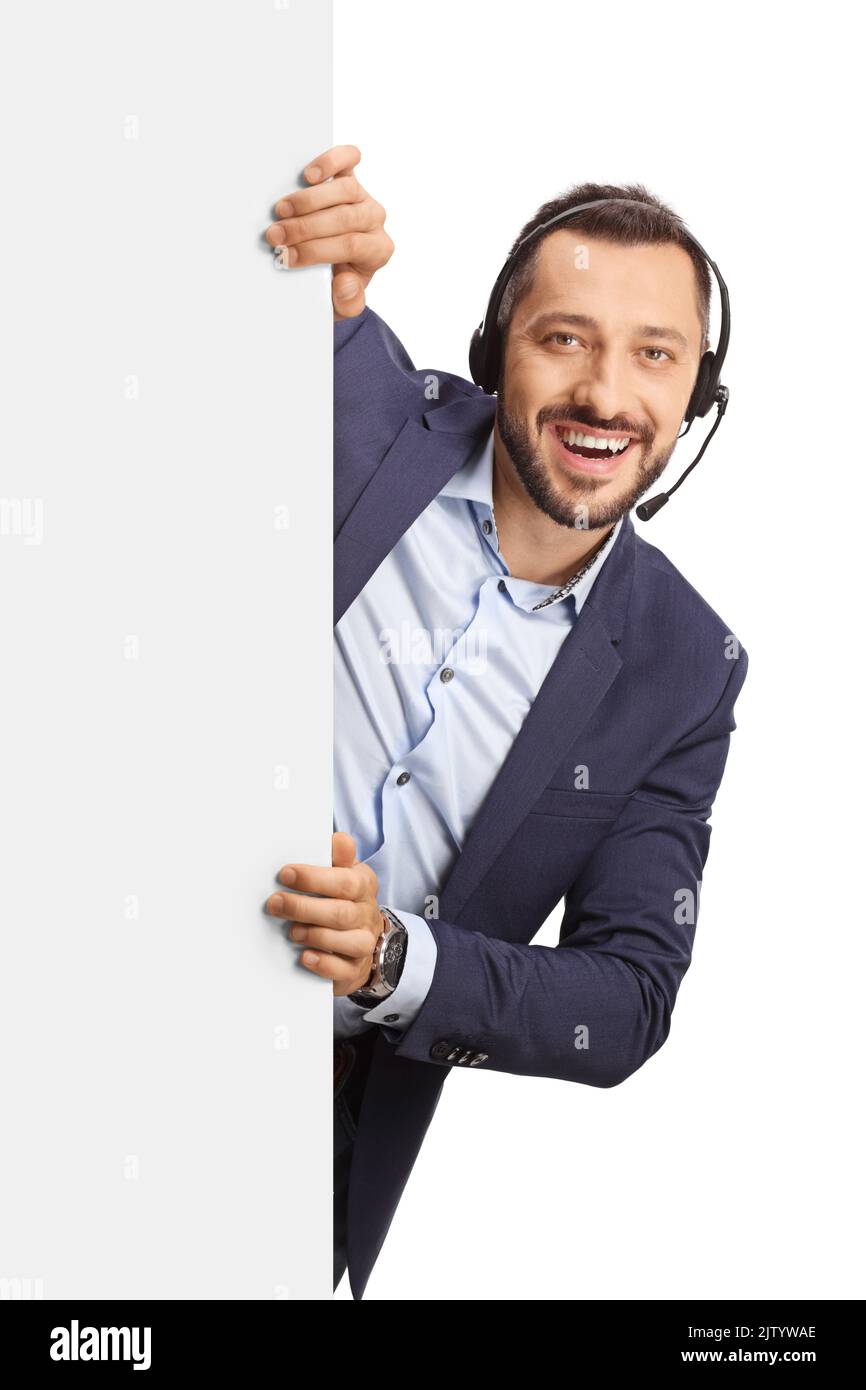 Professional man with a headset and hands free microphone standing ...