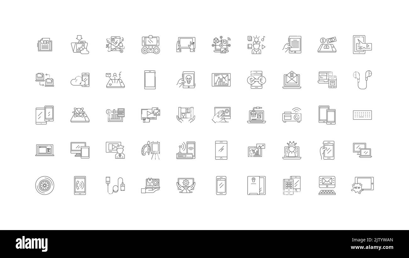 Tablet concept illustration, linear icons, line signs set, vector ...